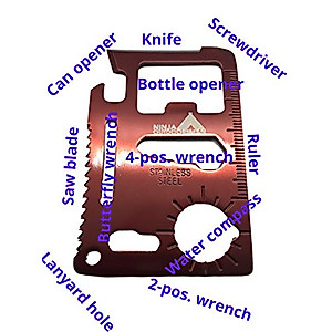 (5 Pack, Red) Ninja Outdoorsman 11 in 1 Stainless Steel Credit Card Pocket Sized Survival Multi Functional Tool - Stocking Stuffers, Christmas Gifts Under 10 Dollars