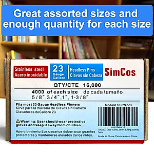 SimCos 23 Gauge Stainless Steel Pinner Nails (5/8",3/4",1",1-3/8") assorted 4 sizes' Headless Pin Nails for 23 GA Pneumatic or Electric Pin nailer or pin nail gun,Project Pack (4000)