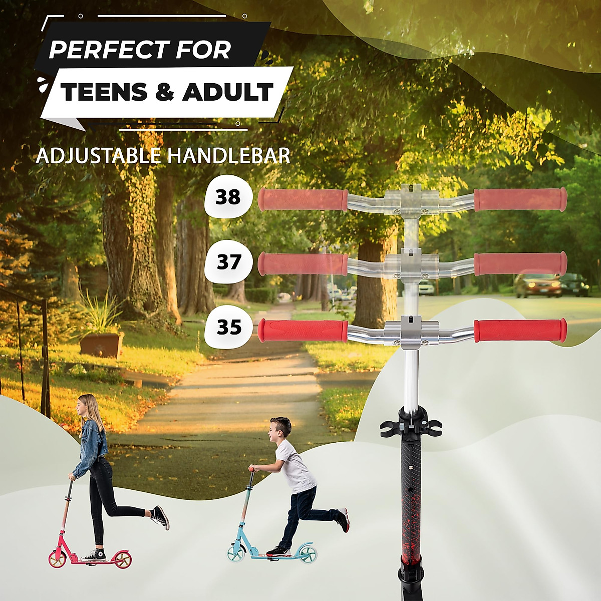 Kicksy - Kick Scooter for Kids Ages 8-12 & Scooter for Teens 12 Years and Up- Big Wheel Scooter for Stability - 2 Wheel Scooter for Boys & Girls- Foldable Kick Scooter Adult - Up to 220 lbs Miami