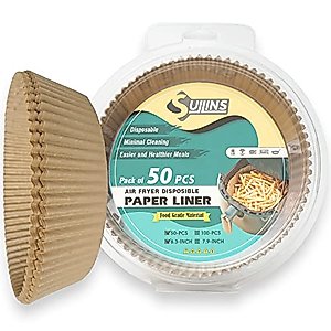 SULLINS 50 Pcs Air Fryer Liners, Disposable Paper Liner for 2.7 to 4.5 Qt Basket, 6.3-inches Air Fryer Parchment Paper for Air Fryer Basket, Unbleached, Non-stick, Oil-proof Round Air Fryer Liners