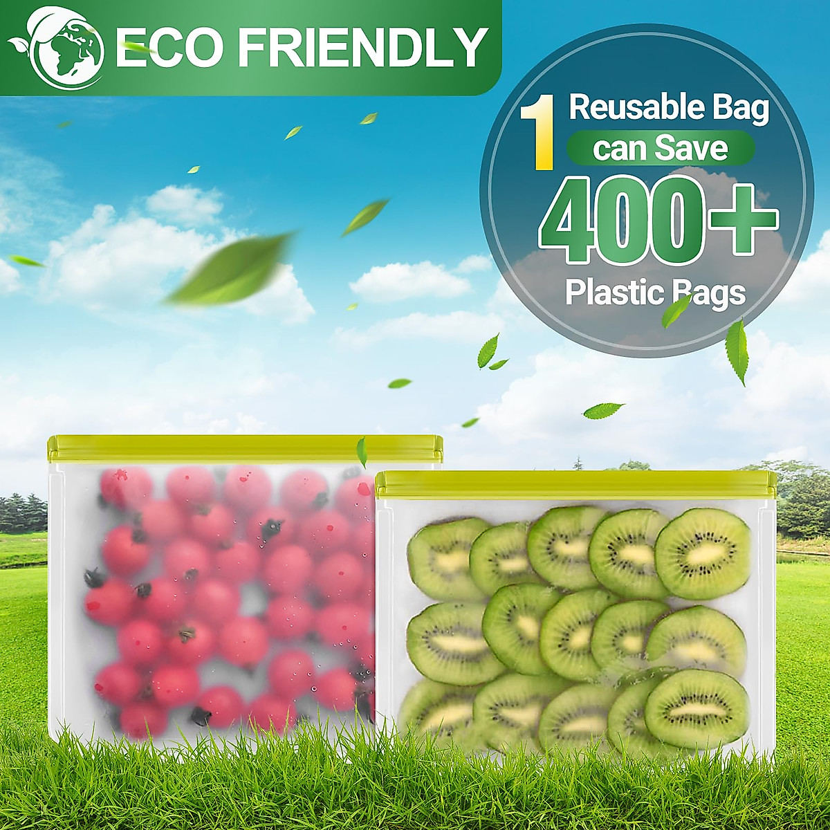 Reusable Food Storage Bags, 4 Pack Reusable Gallon Bags Seal & Leak Proof, BPA Free Reusable Freezer Bags for Travel, Marinate Meats, Fruit or food Storage