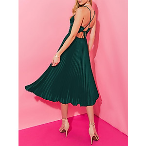 ZAFUL Womens Satin Sexy Backless Wrap V Neck Sleeveless Spaghetti Strap Pleated Flowy Party Midi Dress