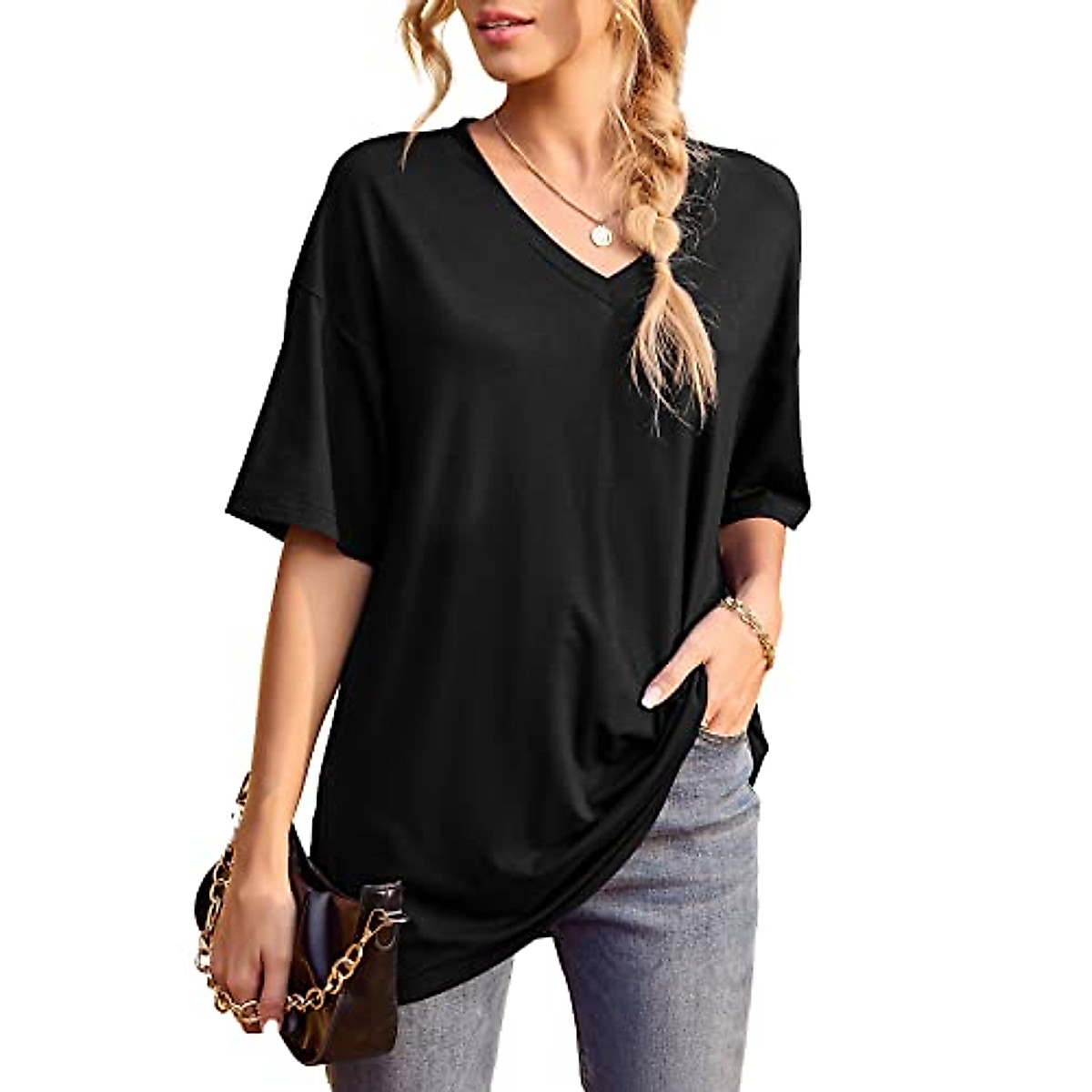 Iandroiy Womens Oversized Tees Loose T Shirts Half Sleeve V Neck Tops (Large, Black)