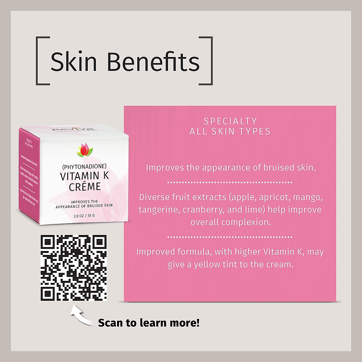 Reviva Labs Vitamin K Crème for Bruising, Under-Eye Dark Circles, and Wrinkles with Soybean Oil and Natural Fruit Extracts - 2 Oz, for Skin and Face