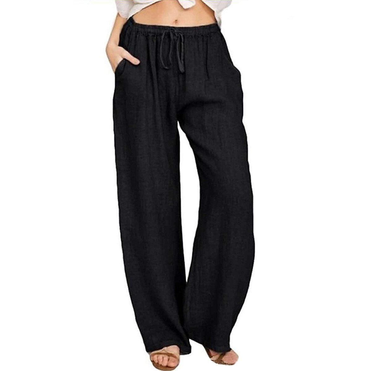loveimgs Women's Casual Wide Leg Elastic Waist Loose Lightweight Summer Linen Beach Pants Drawstring (Black, XL)