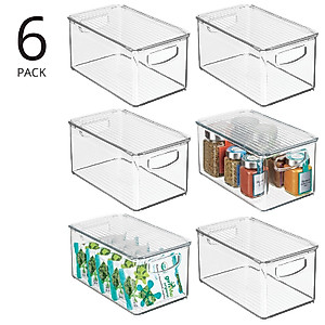 mDesign Plastic Deep Storage Bin Box Container with Lid and Built-In Handles - Organization for Fruit, Snacks, or Food in Kitchen Pantry, Cabinet, or Cupboard, Ligne Collection, 6 Pack, Clear