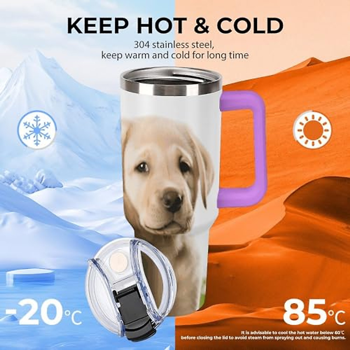 LLUTSNTH 40 Oz Vacuum Tumbler with Violet Handle Leakproof Insulated Tumbler Funny Labrador Puppy Dog Stainless Steel Travel Mug with Lid And Straw Coffee Cup Cute Water Bottles Cup Holder Friendly