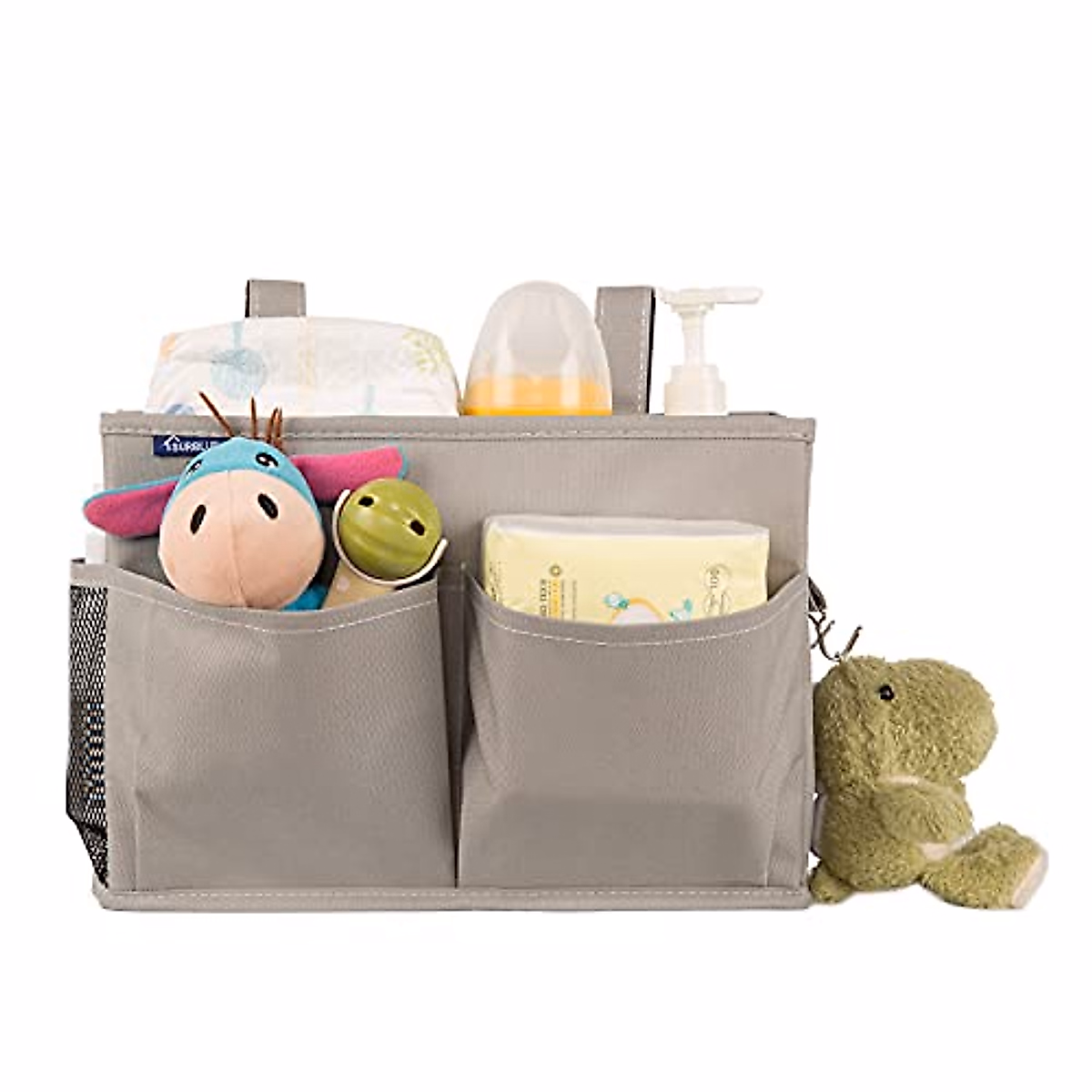 Surblue Bedside Caddy Hanging Bed Organizer Storage Bag Pocket for Bunk and Hospital Beds, College Dorm Rooms Baby Bed Rails, Camp 4 Pockets and 2 Hooks (Small, Gray)