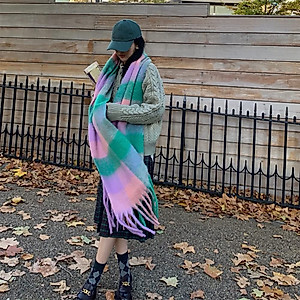 OUNIYA Big Chunky Plaid Scarf Colorful Checked Oversized Thick Scarves Soft Large Cashmere Wool Shawl Winter Warm Blanket Women (pink green grid)