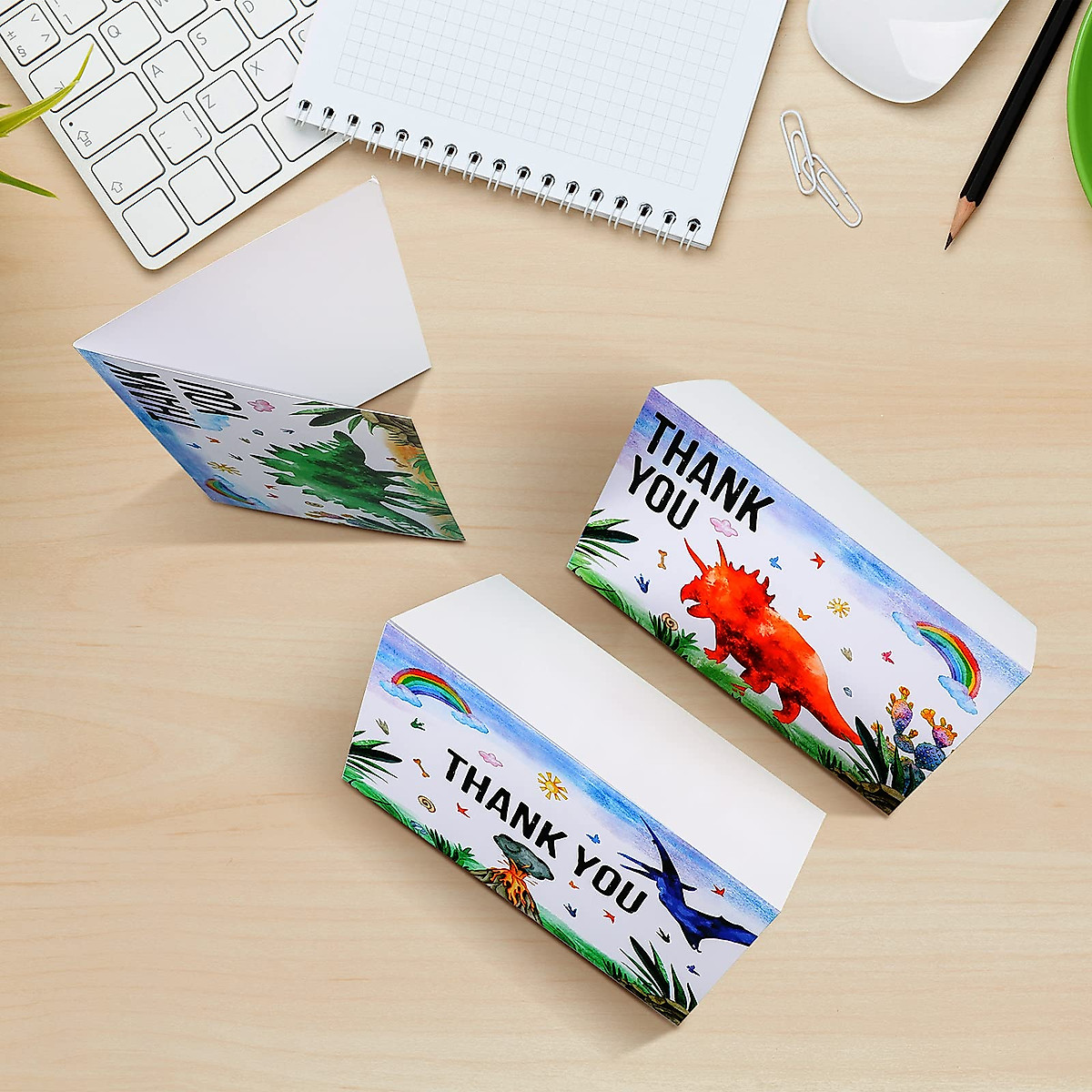 Epakh 40 Pieces Watercolor Dinosaur Thank You Cards with Matching Envelopes and Stickers Jungle Animals Woodland Blank Cards Blank Notes Cards for Birthday Kids Party Baby Shower (Dinosaur Style)