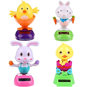 4 Pack Easter Rabbit Solar Powered Dancing Toys Bunny Car Shaking Head Dancer Doll Cute Bunny Chick Swing Figurines Car Windowsill Decor Valentine's Day Toys Gift for Car Dashboard Office Desk Decor