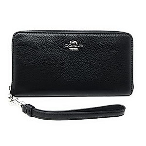 Coach Women's Long Zip Around Wallet in Pebbled Leather (Silver - Black)