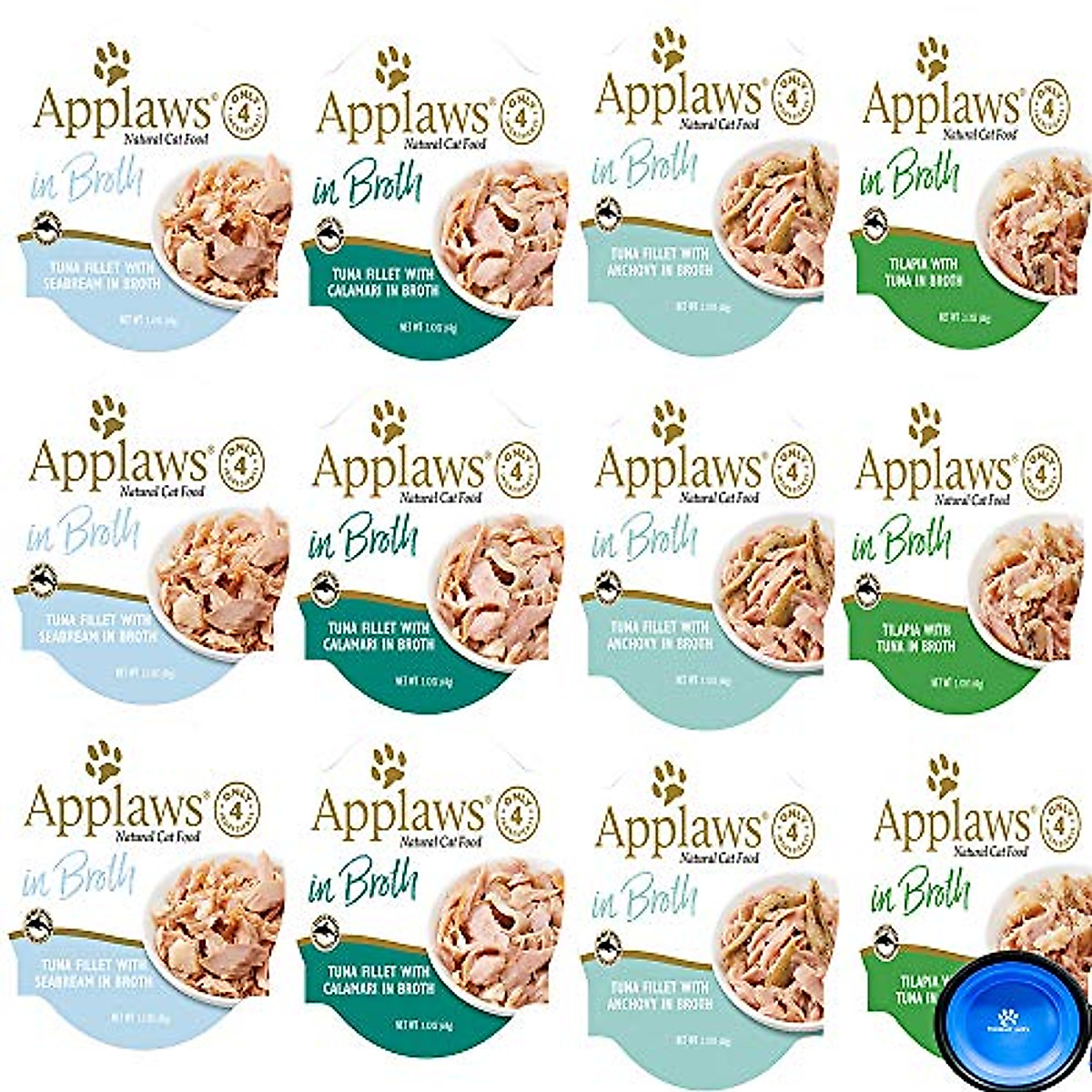 Applaws Cat Food in Broth Pots Variety Bundle Pack -Tuna Lovers Variety Pack 4 Flavors - 2.12 Ounces Each (12 Total) W/Hotspot Pets Collapsible Bowl