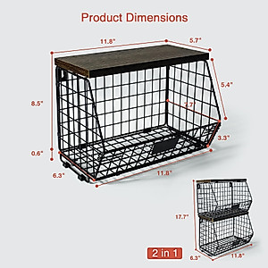 Goozii Hanging Wall Fruit Basket for Kitchen Counter 2 Pack, Stackable Wire Baskets for Organizing with Wood Lid, Potato and Onion Storage Bin with Banana Hook for Vegetable Produce, Black + Rustic