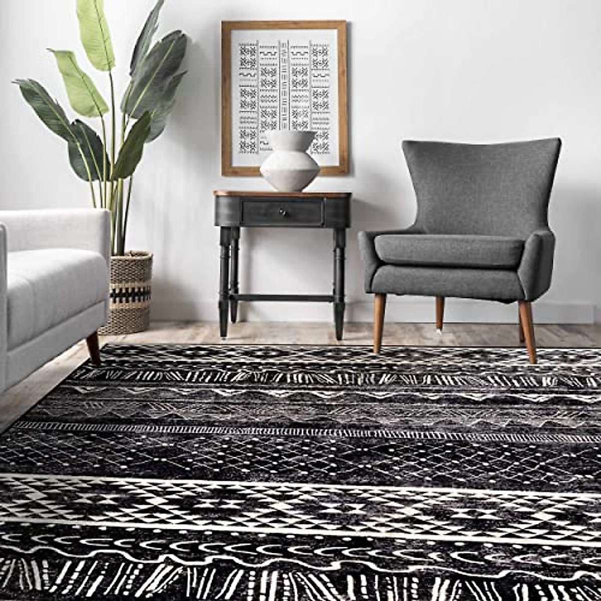 Calore Modern Faux Wool Area Rug Non-Slip Washable Living Room Rug Boho Neutral Indoor Carpet for Bedroom Dining Room (Black and White, 4'x5.3')