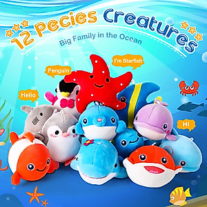 12 Pcs Mini Ocean Animal Plush Toys Sea Creatures Stuffed Toy Soft Plush Sea Life Small Stuffed Animals Plush Keychain Decorations for Carnival Prizes Christmas Tree Birthday Party Bag Fillers