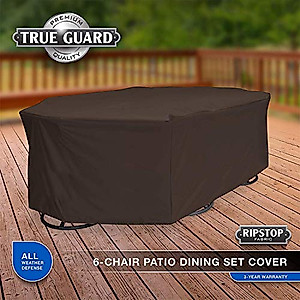 True Guard Patio Furniture Covers Waterproof Heavy Duty - Fits 6-Chair Dining Sets, Rectangle/Oval Table, Octagon Design, 600D Rip-Stop, Fade/Stain/UV Resistant for Outdoor Patio Furniture, Dark Brown