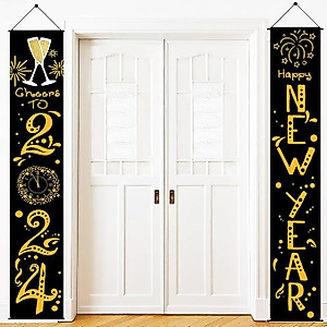 2024 Happy New Year Party Supplies, Foil Balloons Set, Happy New Year Banner, Latex Balloons, Curtains, Paper Pompoms for Home Outdoor Decor New Years Eve Party Supplies 2024, Black and Gold