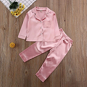 TiendaDeLage Toddler Baby Girl Satin Silk 2 Piece Long Sleve Collared Button Down Shirts and Pants Casual Loungwear Cute Clothes (Long Sleeve Pink,6-12 Months)
