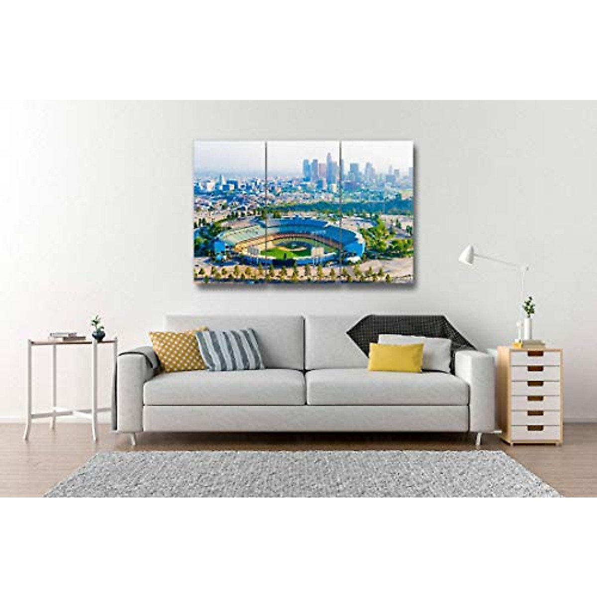Los Angeles California Panoramic Skyline Cityscape Aerial Over Stadium Print On Canvas Wall Artwork Modern Photography Home Decor Unique Pattern Stretched and Framed 3 Piece