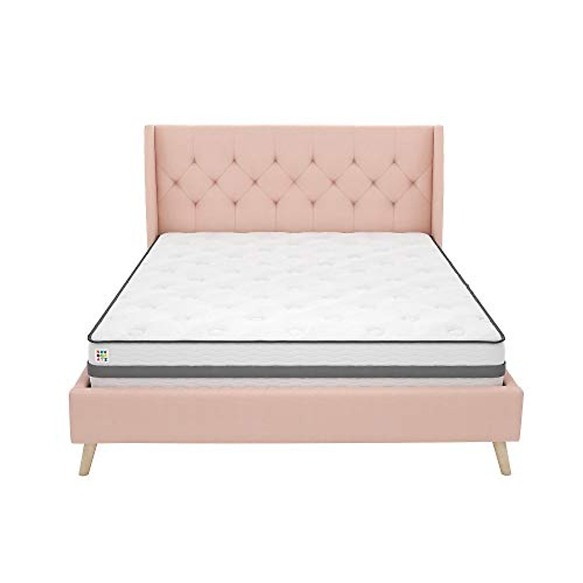 Novogratz Her Majesty Upholstered Linen Bed, Tufted Wingback Design and Wooden Legs, Queen Size - Pink Linen