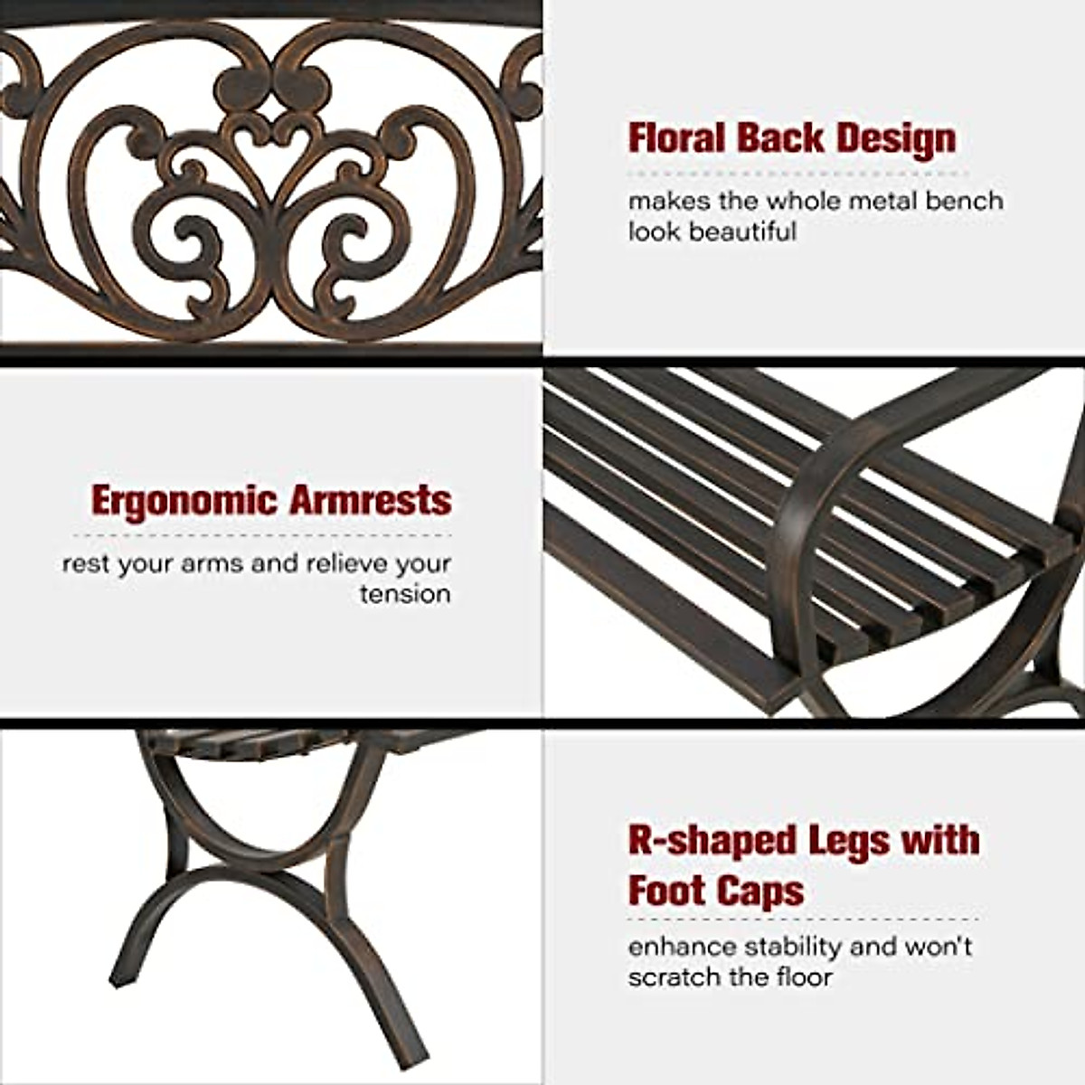 Sophia & William 50‘’ Outdoor Garden Bench Patio Park Bench, Cast Iron Metal Frame Furniture with Floral Design Backrest for Porch Yard Lawn Deck, Bronze
