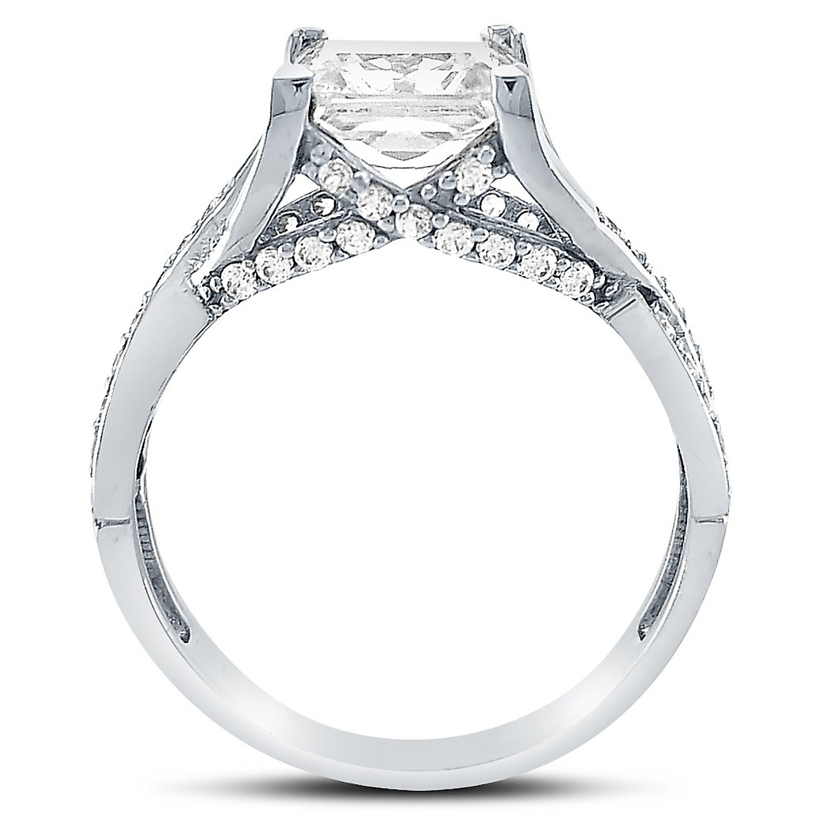 Size 7.5 - Solid 14k White Gold Princess Cut Solitaire with Round Side Stones CZ Cubic Zirconia Engagement Ring 2.5ct.