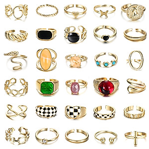 Florideco 30Pcs 18K Gold Chunky Rings for Women Gold Plated Rings Chunky Twisted Signet Rings Stackable Knuckle Midi Rings Adjustable Open Ring Sets Gold