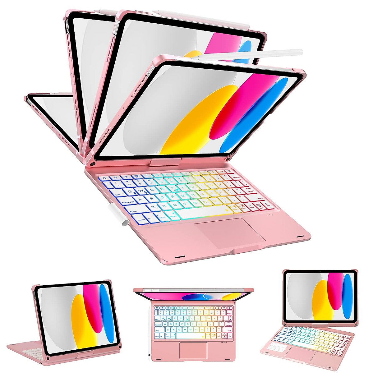 Touchpad iPad 10th Generation Case with Keyboard 10.9" 2022, Magic 360°Rotatable & Swivel Keyboard with Multi-Touch Trackpad, 7 Color Backlit with Pencil Holder for Latest iPad 10th Gen 2022 Rose Gold