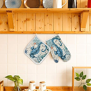 Kitchen Oven Mitts and Potholders Set, Seahorse Ocean Animal Nautical Map Heat Resistant Padded Cooking Gloves&Pot Holder Non-Slip for BBQ Baking Grilling, Retro