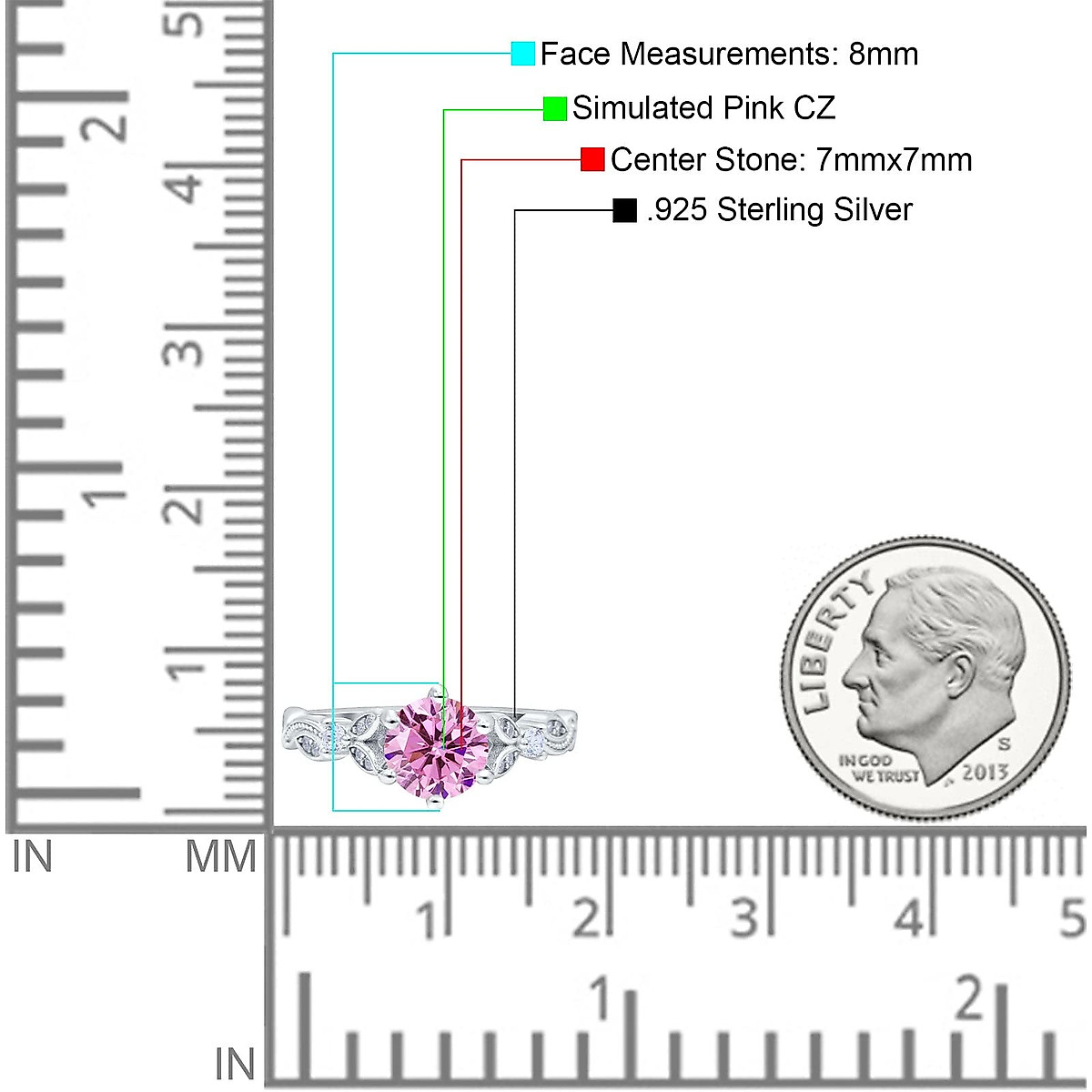 Blue Apple Co. Simulated Pink CZ Size-7 Vintage Style Round Bridal Wedding Engagement Ring Marquise Design CZ 925 Sterling Silver