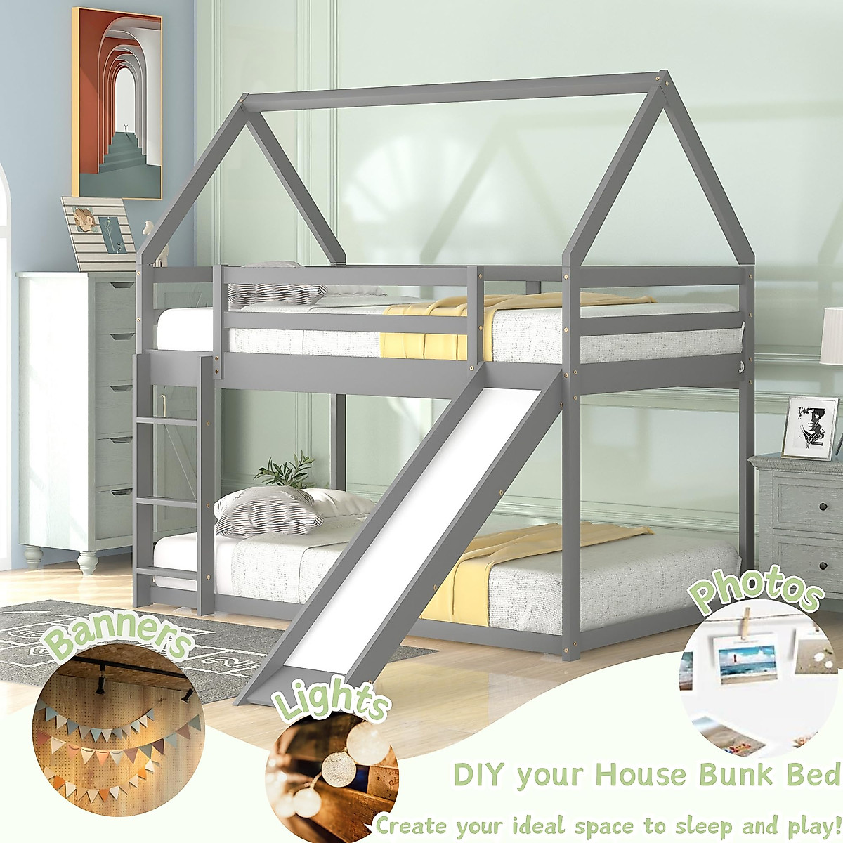 Harper & Bright Designs Twin Bunk Beds for Kids,Wood House Bunk Bed Twin Over Twin,Kids Bunk Bed with Slide and Roof for Girls Boys,Grey