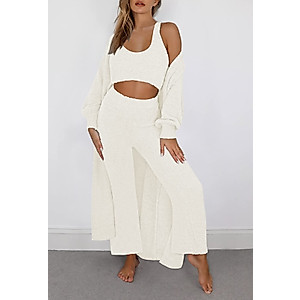 VamJump Womens Fuzzy Fleece Outfits Tank Tops Tummy Control High Waist Pants Kimono Cardigan 3 Piece Set,White,S
