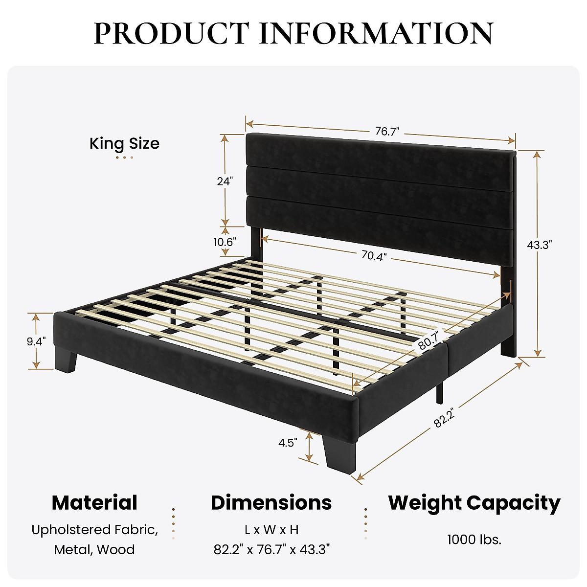 SHA CERLIN King Platform Bed Frame with Velvet Upholstered Headboard, Mattress Foundation with Strong Wooden Slats Support, No Box Spring Needed, Black