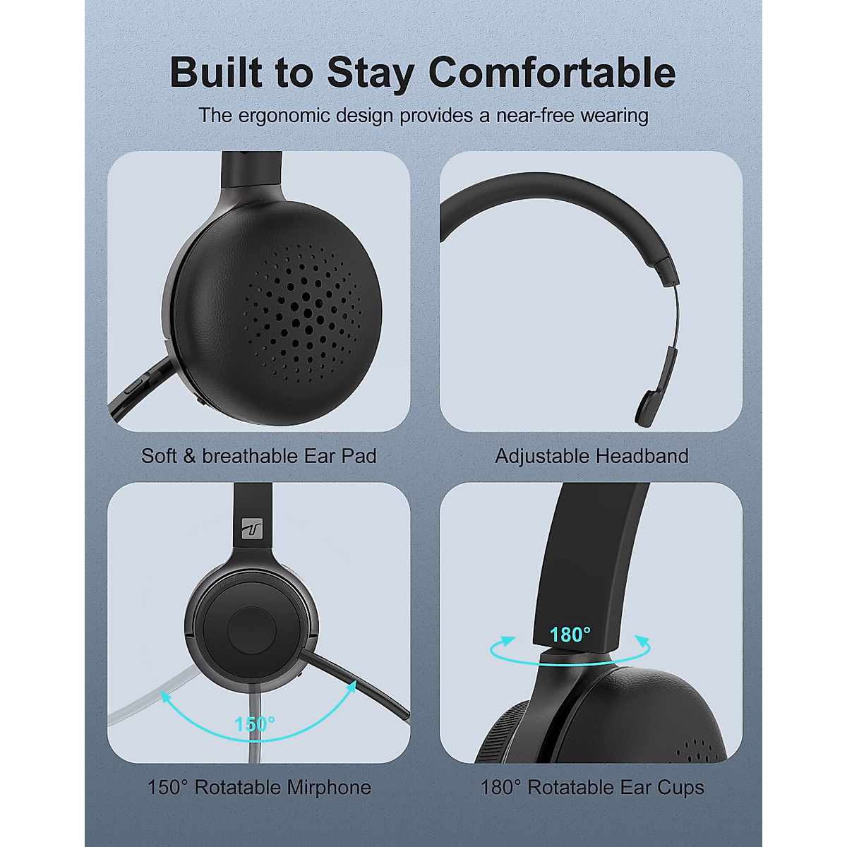 TZS Trucker Bluetooth Headset, Wireless Headset with ENC Noise Cancelling & Mute Button Microphone, V5.0 Handfree Bluetooth Headphone for Driving/Business/Office Compatible with iPhone and Android