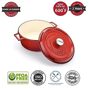 LAVA 10 Quarts Cast Iron Dutch Oven: Multipurpose Stylish Round Shape Dutch Oven Pot with Glossy Sand-Colored Three Layers of Enamel Coated Interior with Trendy Lid (Red)