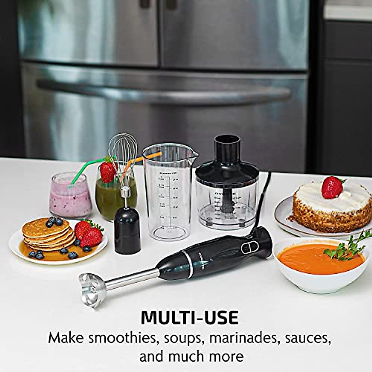 OVENTE Immersion Electric Hand Blender 300 Watt Power 2 Mix Speed with Stainless Steel Blades, Handheld Stick Mixer Set with Egg Whisk Attachment Mixing Beaker and BPA-Free Food Chopper, Black HS565B