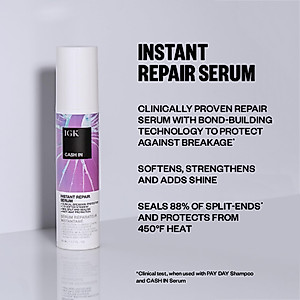 IGK CASH IN Instant Repair Serum | Breakage Protection + Seal Split Ends + Heat Protection | Vegan + Cruelty Free| 1.7 Oz