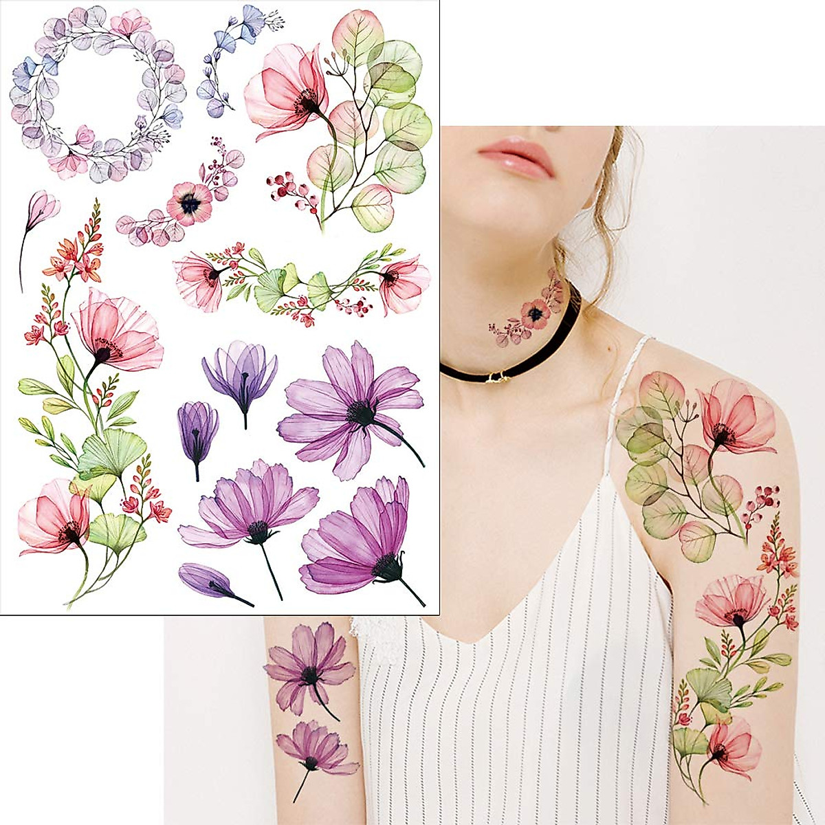GLARYYEARS X-ray Flower Temporary Tattoo, 8-Pack Creative Realistic Flower Tattoos, Floral Design Variety Pack Fake Tattoo Stickers for Women Girls, Long-lasting Tattoos for Body Face Hand Arm