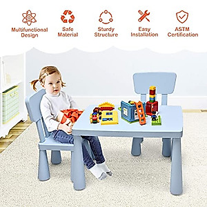 Costzon Kids Table and Chair Set, 3 Piece Plastic Children Activity Table for Reading, Drawing, Snack Time, Arts Crafts, Preschool, Kindergarten & Playroom, Easy Clean, Toddler Table & Chair (Blue)