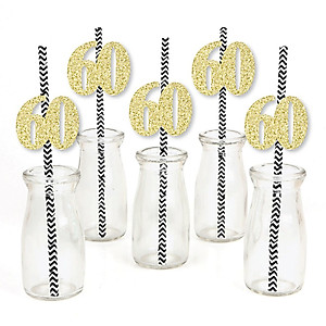 Gold Glitter 60 Party Straws - No-Mess Real Gold Glitter Cut-Out Numbers & Decorative 60th Birthday Party Paper Straws - Set of 24