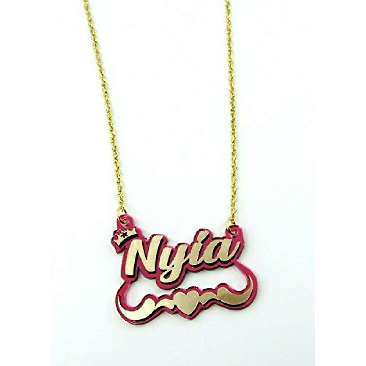 Name Necklace Plate Personalized Custom Nameplate and 1.5" Bamboo Gold Earrings With Swirls Heart and Crown on Top Jewelry Set Color Choice Laser Cut Gold Script Cursive Letters, Quality Gold Chain