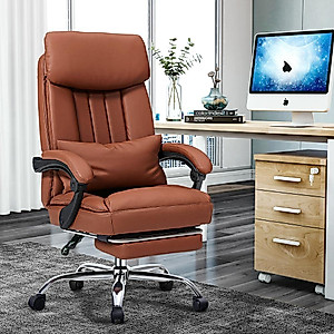 High Back Office Chair with Lumbar Support and Footrest, Leather Executive Computer Desk Chair with Padded Headrest and Armrest, Adjustable Height Tilt Angle Swivel Task Chair for Home Office (Brown)