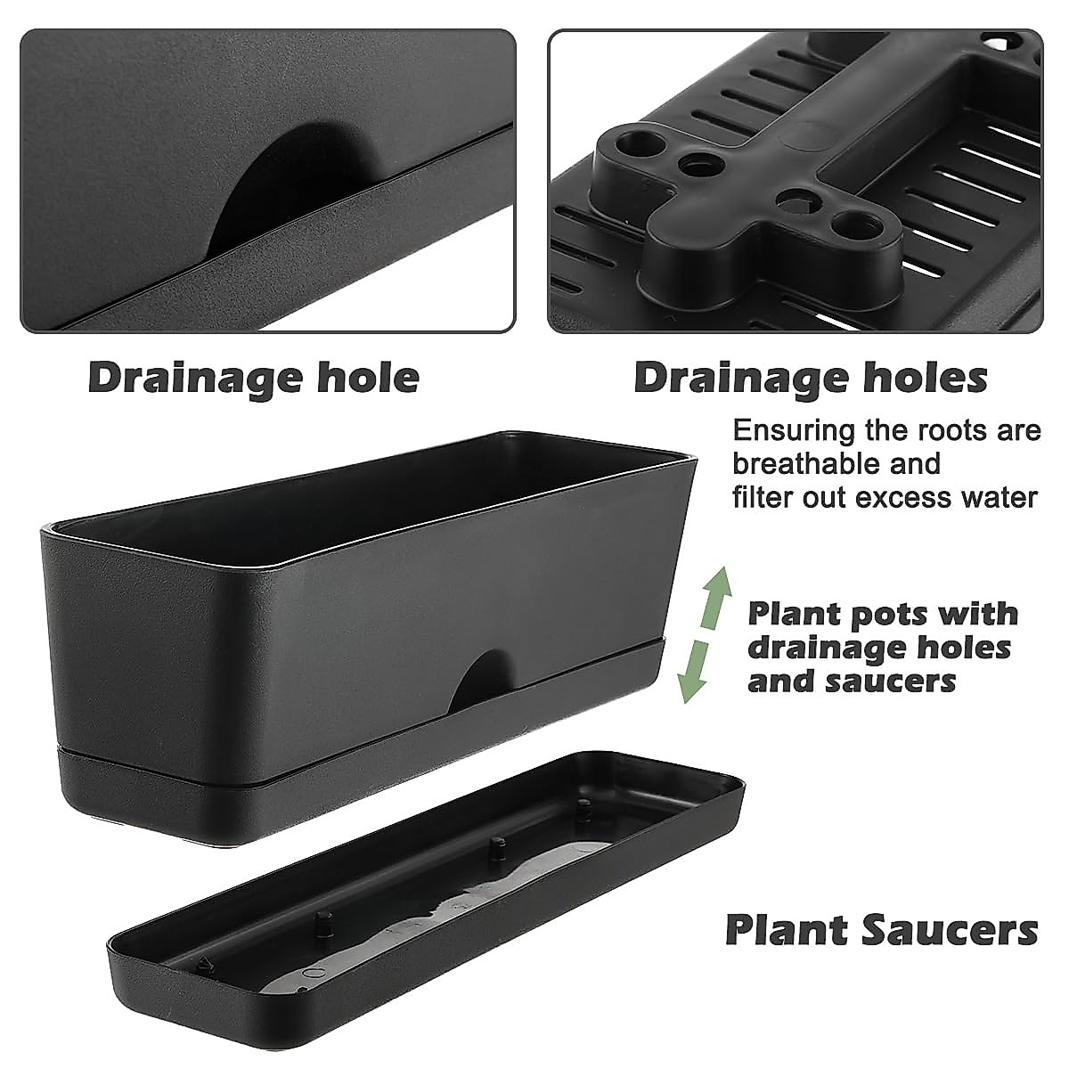 5 Pack Window Boxes Planters 16 Inches Rectangular Planter Herb Planter Boxes Large Plastic Flower Pots Rectangle Black Planter Outdoor and Indoor Succulent Window Sill Planter Self Watering Pots