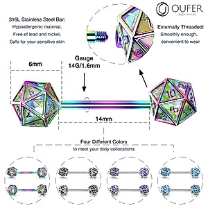 OUFER 2PCS Icosahedron Dice Nipple Rings, 14G 316L Surgical Steel Nipple Barbells, Nipple Jewelry for Women