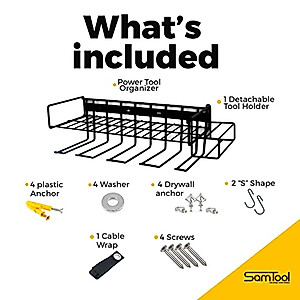 SamTool Power Tool Organizer Wall Mount with Detachable Tool Holder, S Shape Holder & Cable Strap for Drill Holder and Garage Organization Tools