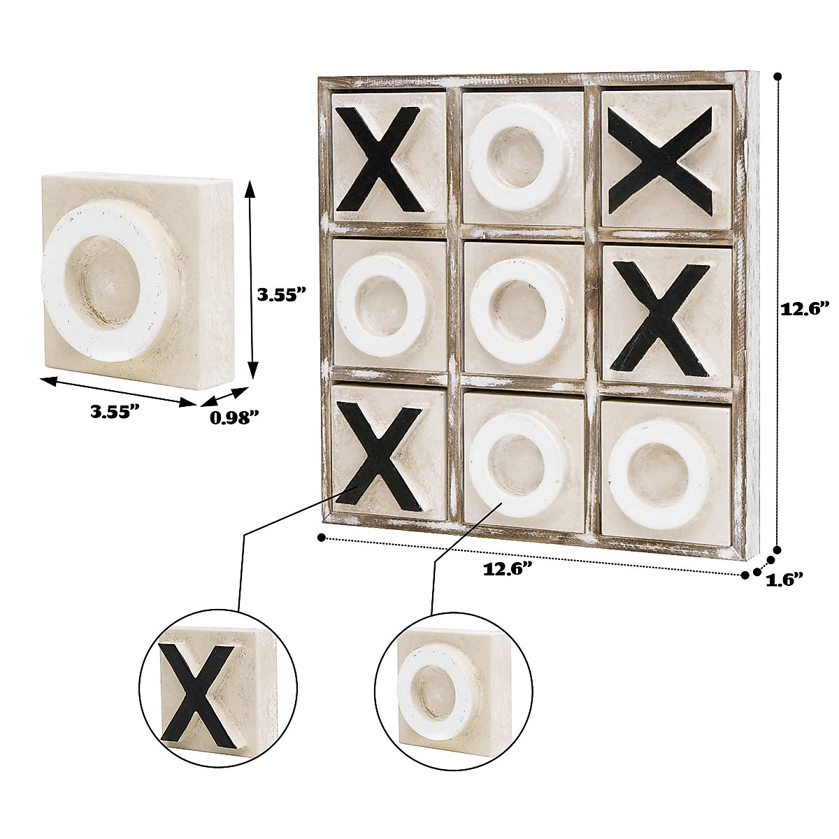 JEVERGN 12.6" Large Wooden Tic Tac Toe Game, Rustic Coffee Table Game, Wood Farmhouse Tic Tac Toe Board Game Decor, Family Games for Adult & Kids, Whitewashed