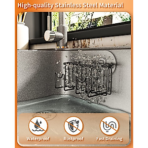 SWTYMIKI Sponge Holder for Kitchen Sink with Double Hook, Stainless Steel Kitchen Sink Caddy Multifunctional Kitchen Sink Organizer with Strong Adhesive for Sponge, Brush, Sink Stopper, Black