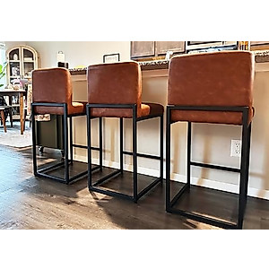ALPHA HOME 24” Bar Stools Set of 4 Counter Height Bar Stool Pu Leather Kitchen Modern Bar Stools with Backrest Upholstered Footrest Sturdy Chromed Metal Steel Frame,Brown.