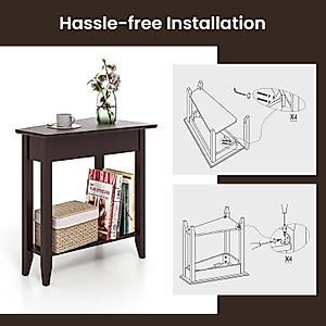 GOFLAME 2-Tier Wedge End Table, Narrow Triangle Side Table with Storage Shelf, Solid Wood Legs, Nightstand, Recliner Wedge Table for Living Room, Bedroom, Small Space, Espresso